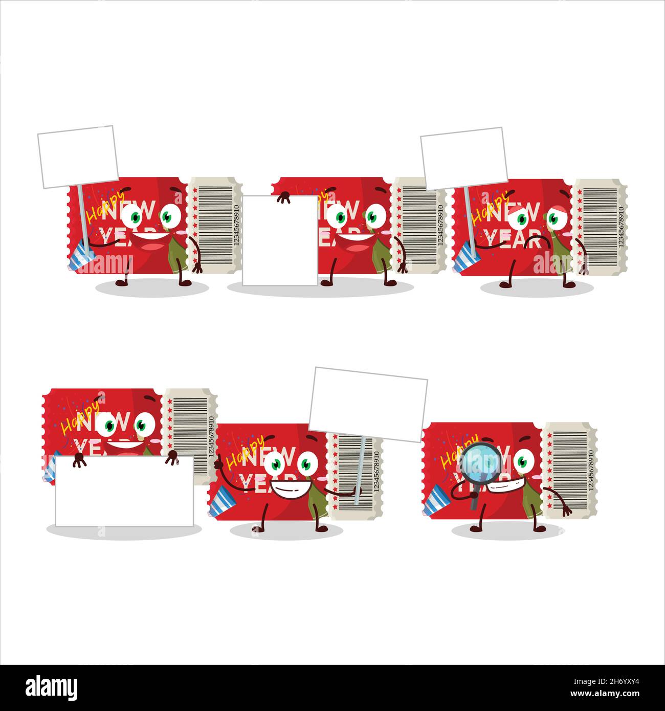 New Year Ticket cartoon character bring information board. Vector ...