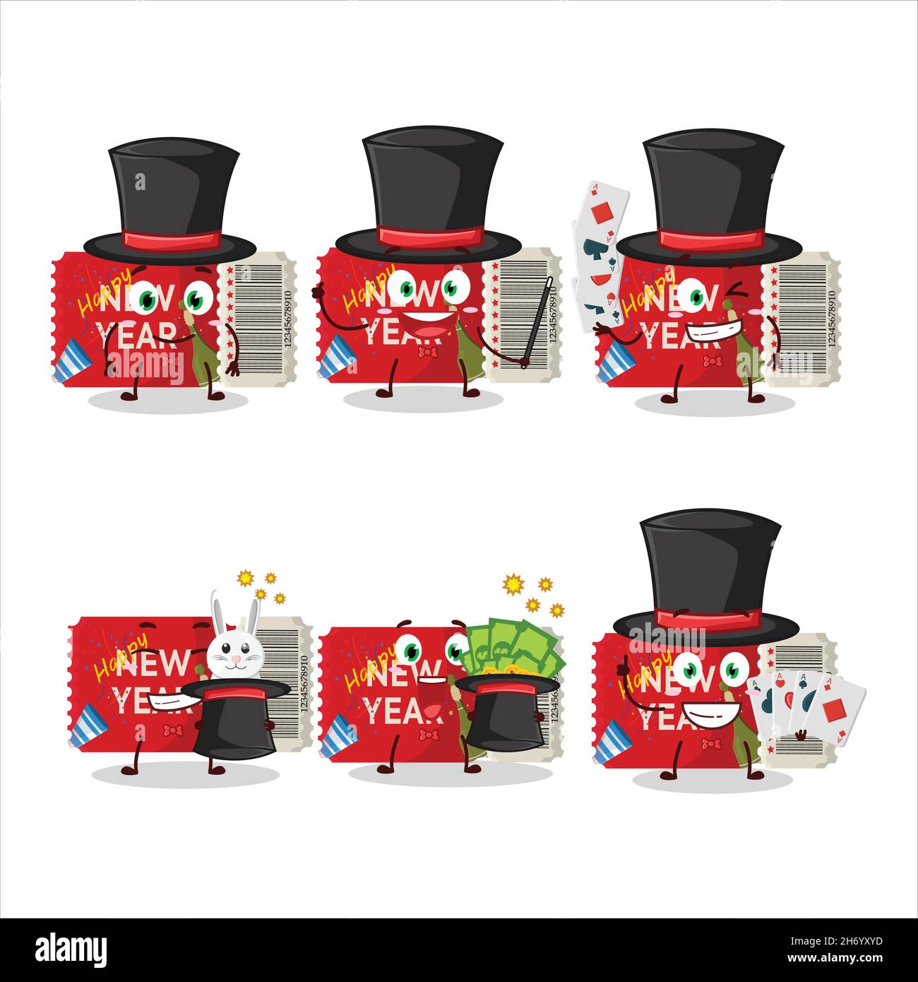 A new year ticket Magician cartoon character perform on a stage. Vector ...