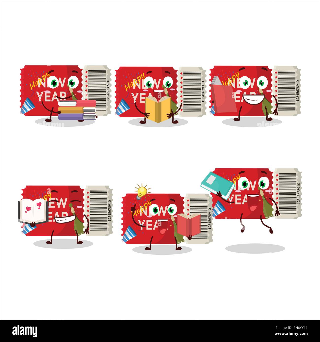 A picture of new year ticket cartoon character concept reading an ...