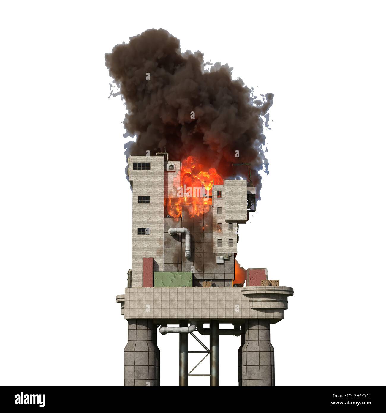 3D illustration ruined building in flames isolated on white Stock Photo ...