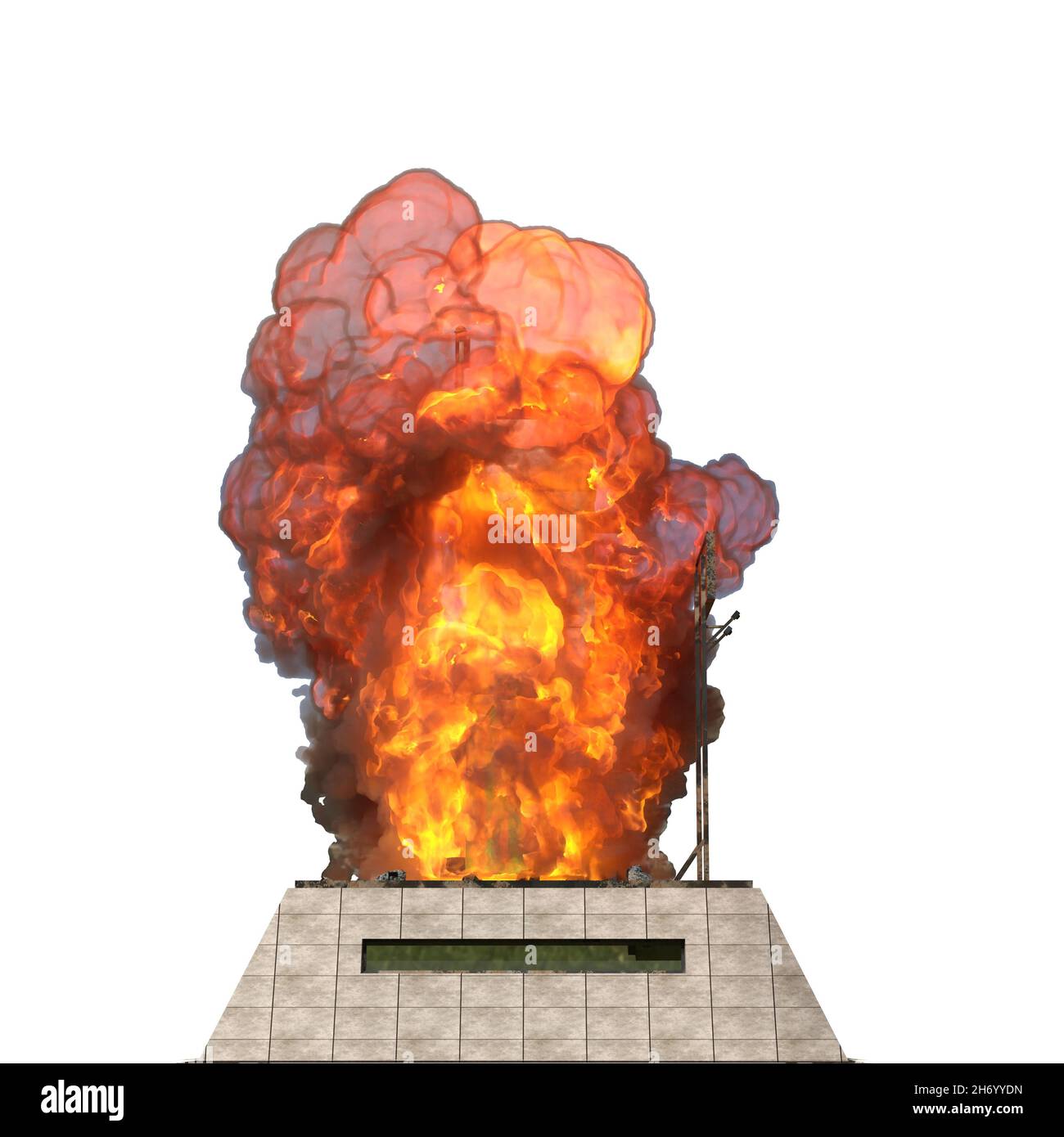 3D illustration ruined building in flames isolated on white Stock Photo ...