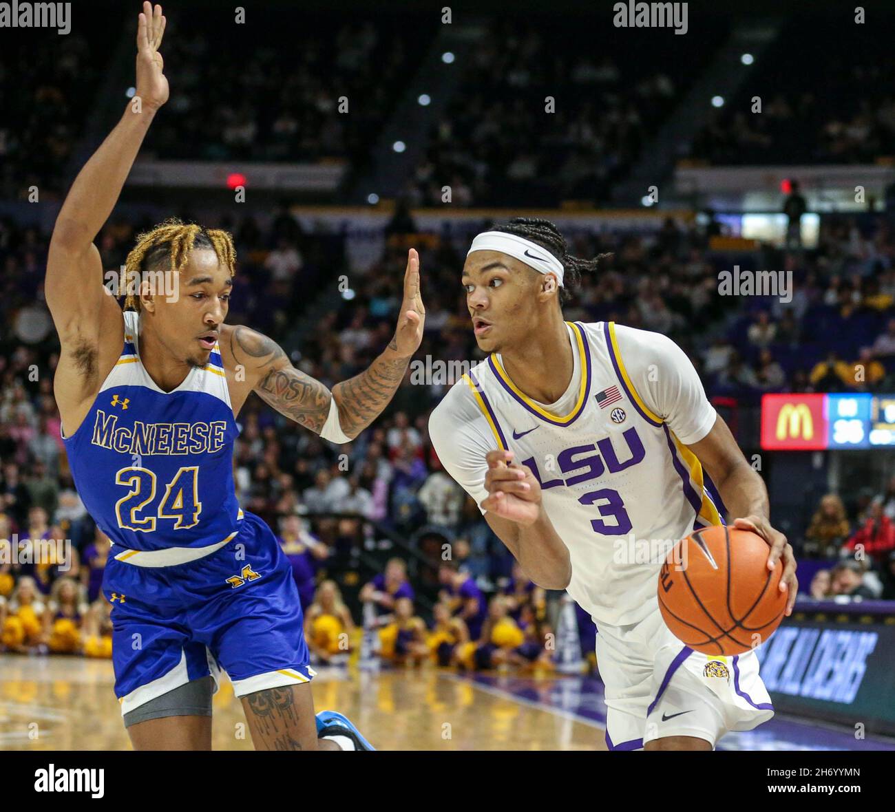 November 18, 2021: LSU's Alex Fudge (3) drives past McNeese St ...