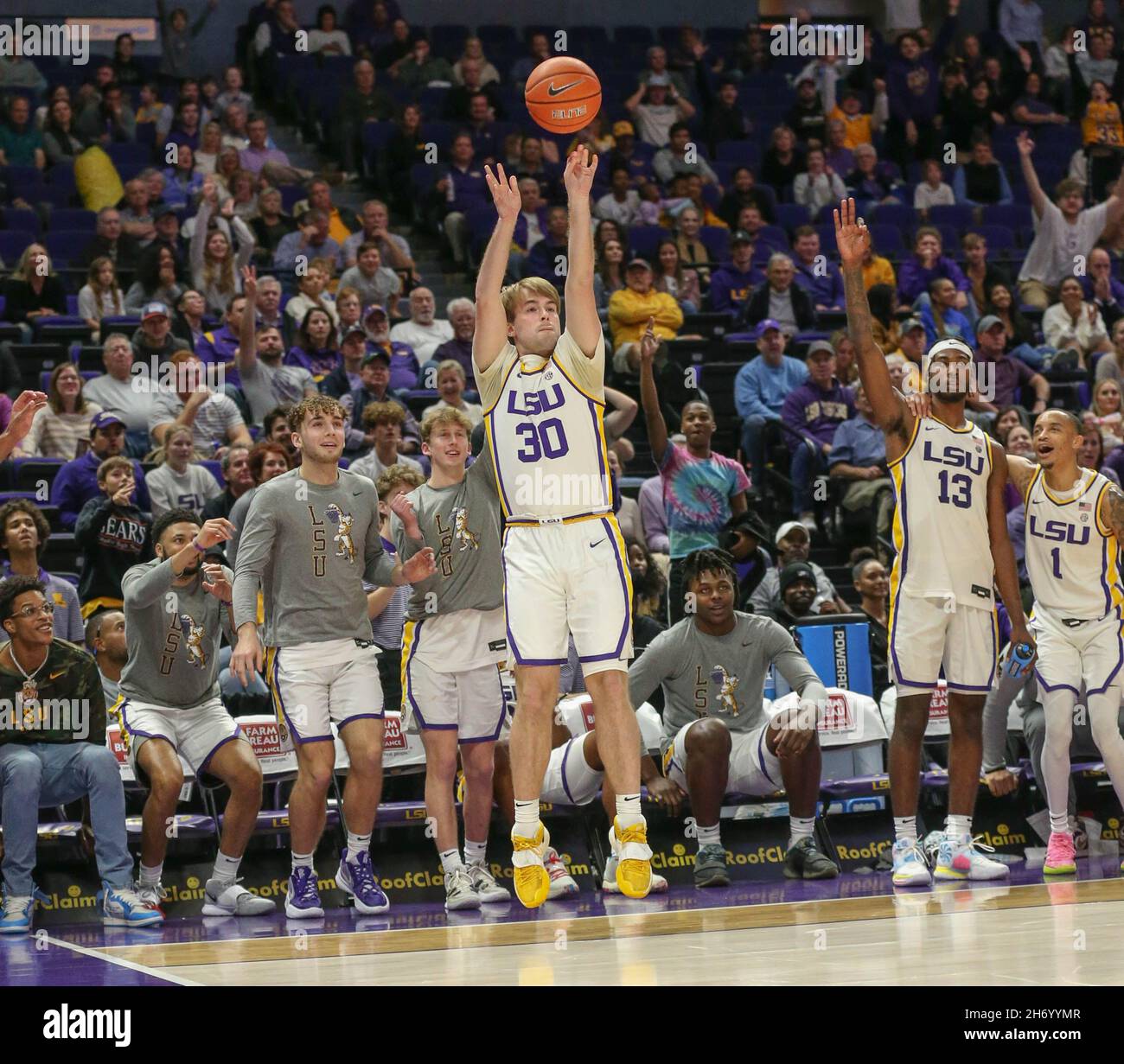 November 18, 2021: LSU's Parker Edwards (30) puts up a three point shot ...