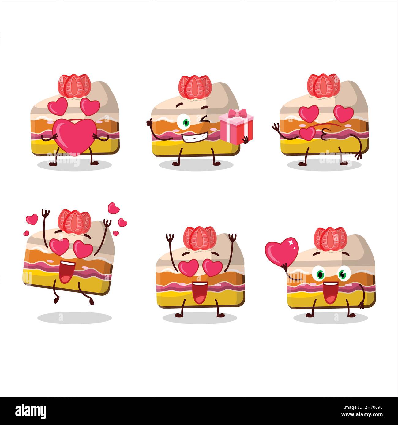 Slice of strawberry pudding cake cartoon character with love cute ...