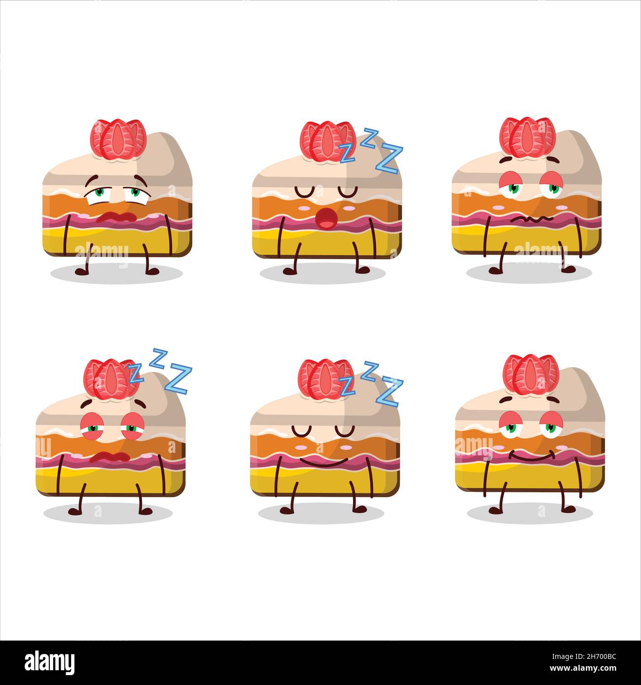 Cartoon character of slice of strawberry pudding cake with sleepy ...