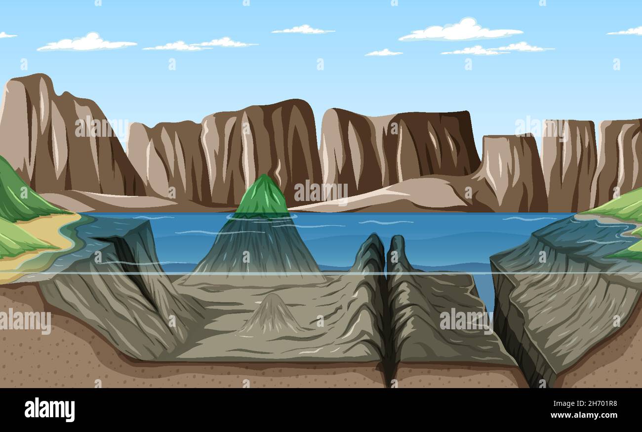 Nature scene landscape with underwater of lake illustration Stock ...