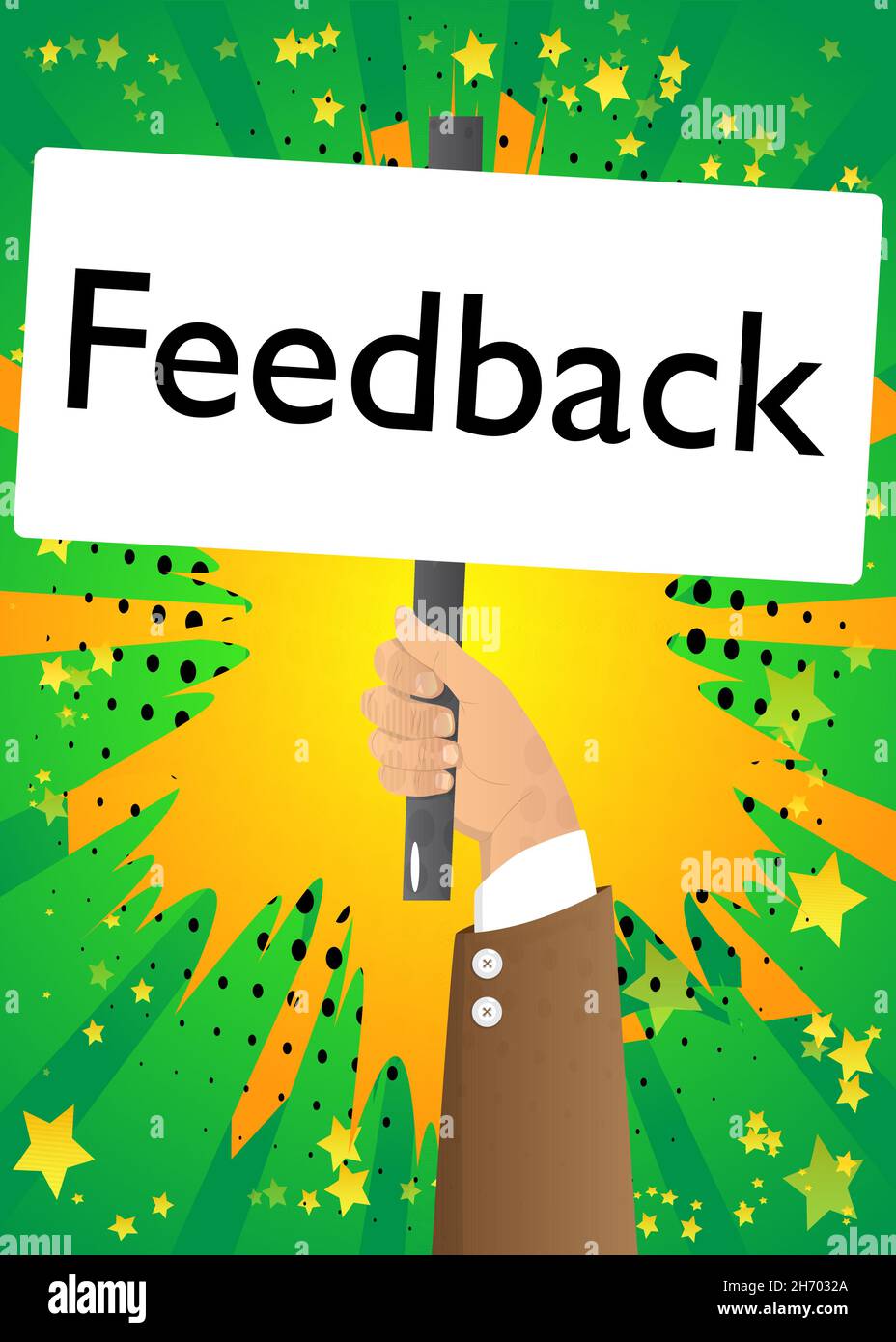 Cartoon Hand holding banner with Feedback text on white paper. Man ...