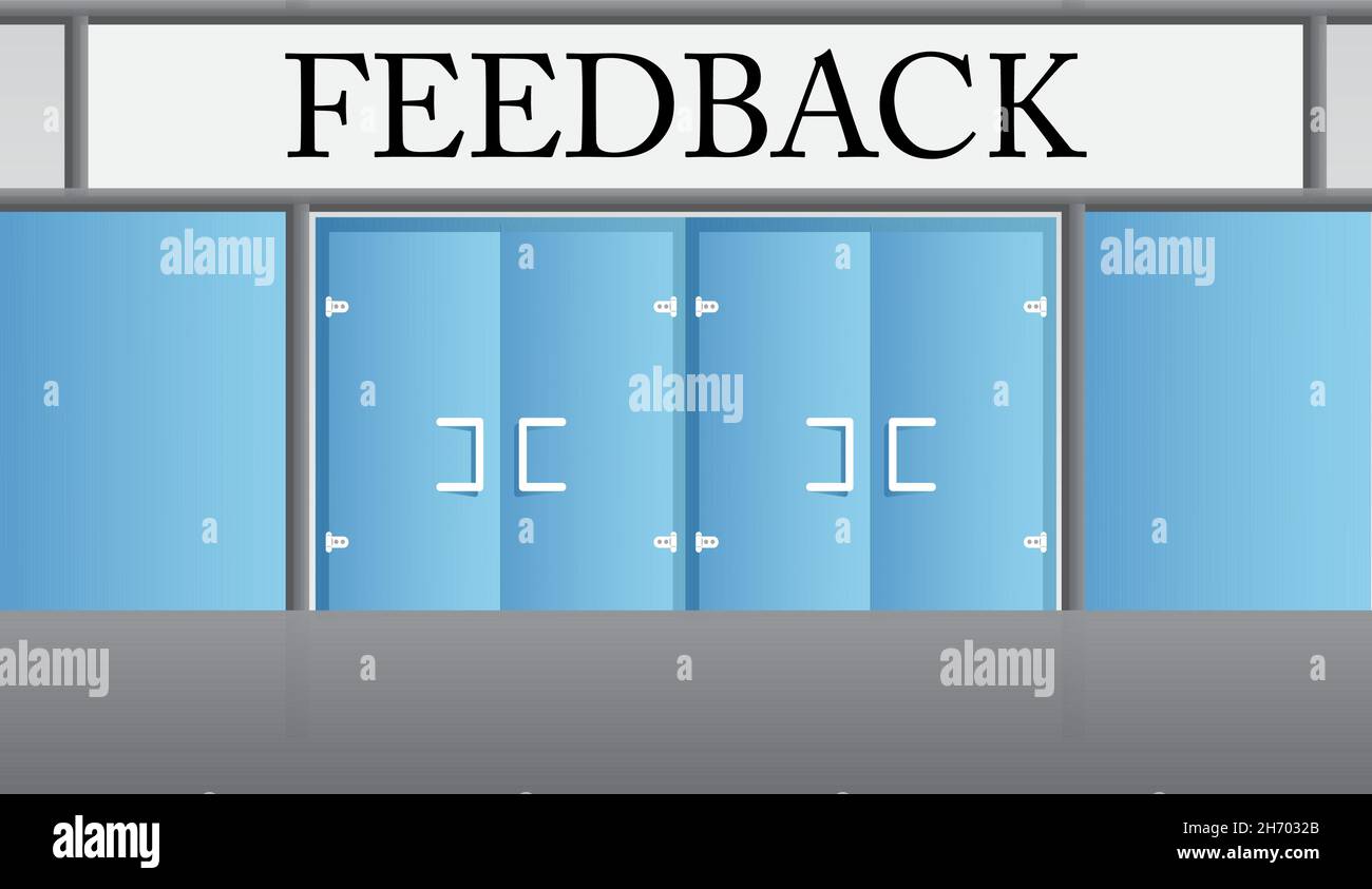 Feedback text with front door background. Store, Shop or market ...