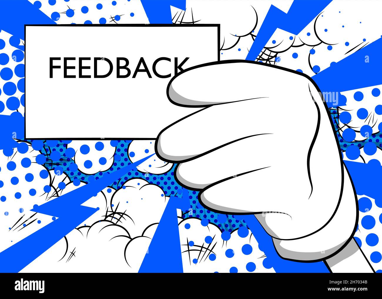 Cartoon Hand holding banner with Feedback text on white paper. Man ...