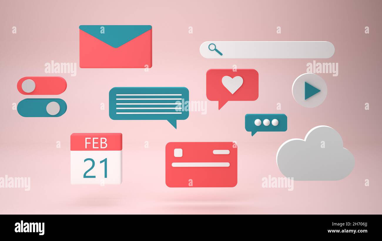 Notification alert digital icons on pink background. 3d render Stock ...