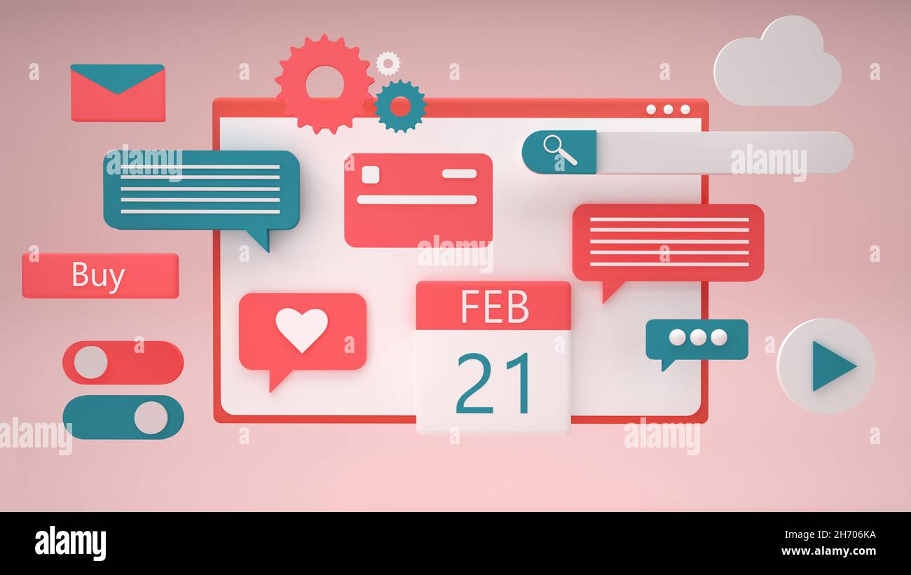 Notification alert digital icons on pink background. 3d render Stock ...