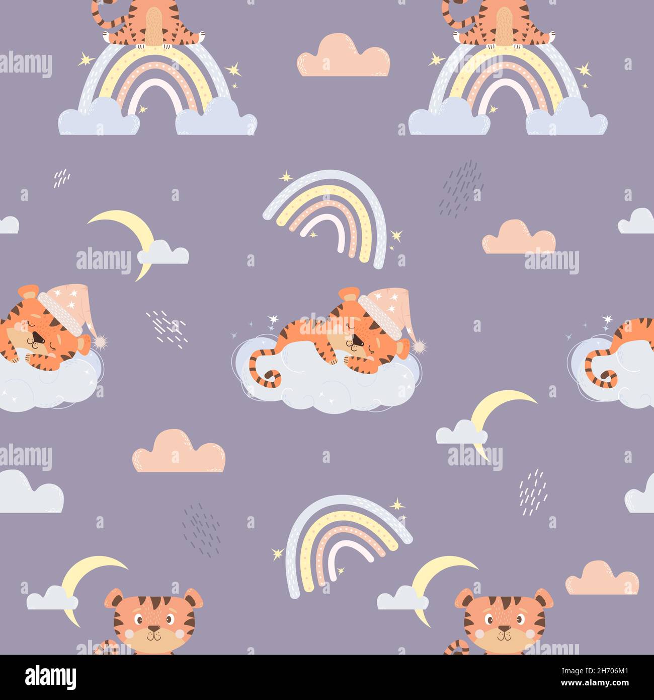 Seamless pattern with tiger cubs. Cute sleeping animal on a cloud and a ...