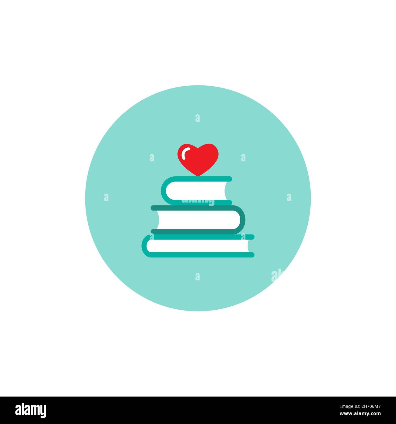 Stack of books with red heart in blue circle. Isolated on white ...