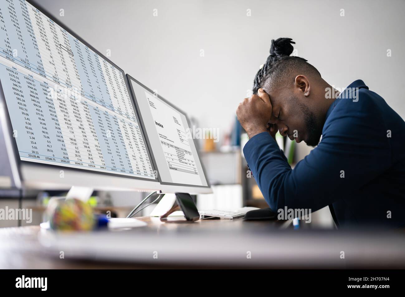 Sad Frustrated African American Accountant With Invoice Workload Stock ...