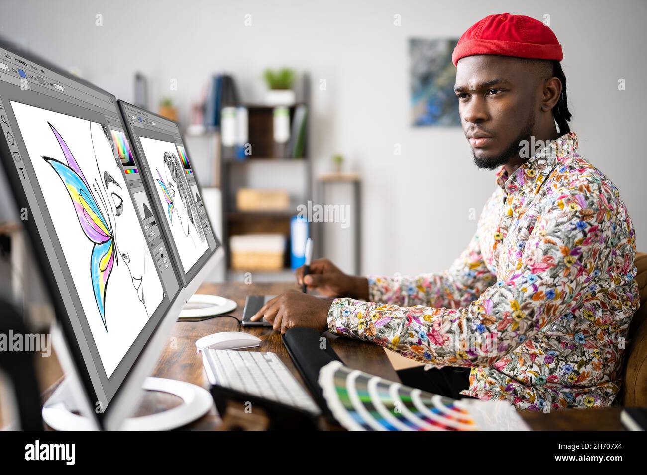 Graphic Designer Artist Working On Multiple Computer Screens Stock ...