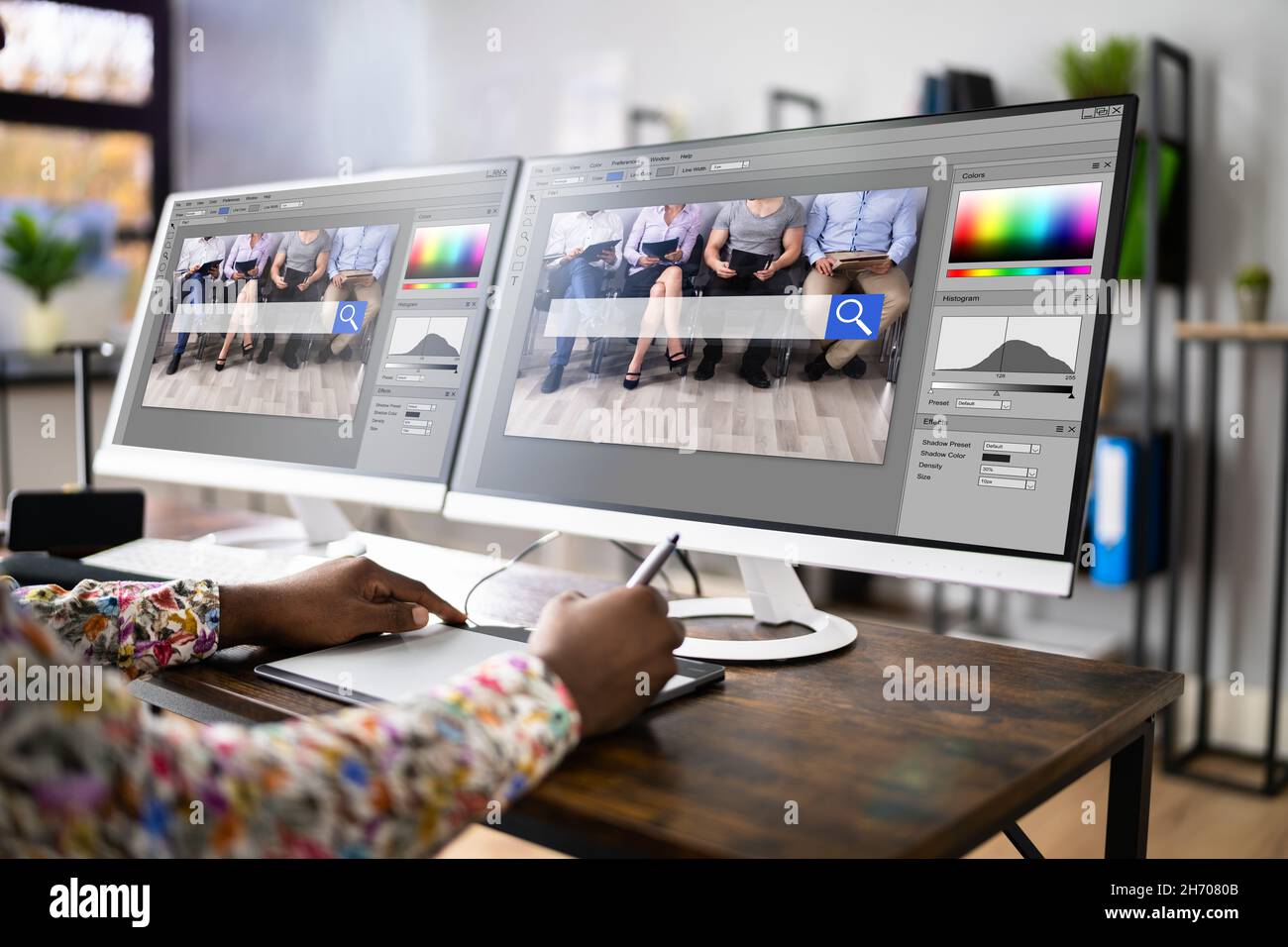 Graphic Designer Artist Working On Multiple Computer Screens Stock ...