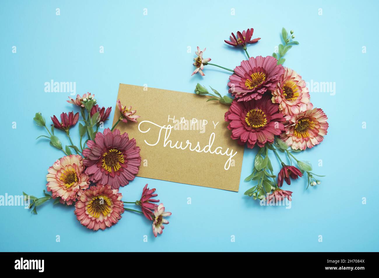 Happy Thursday card typography text with flower bouquet on blue ...