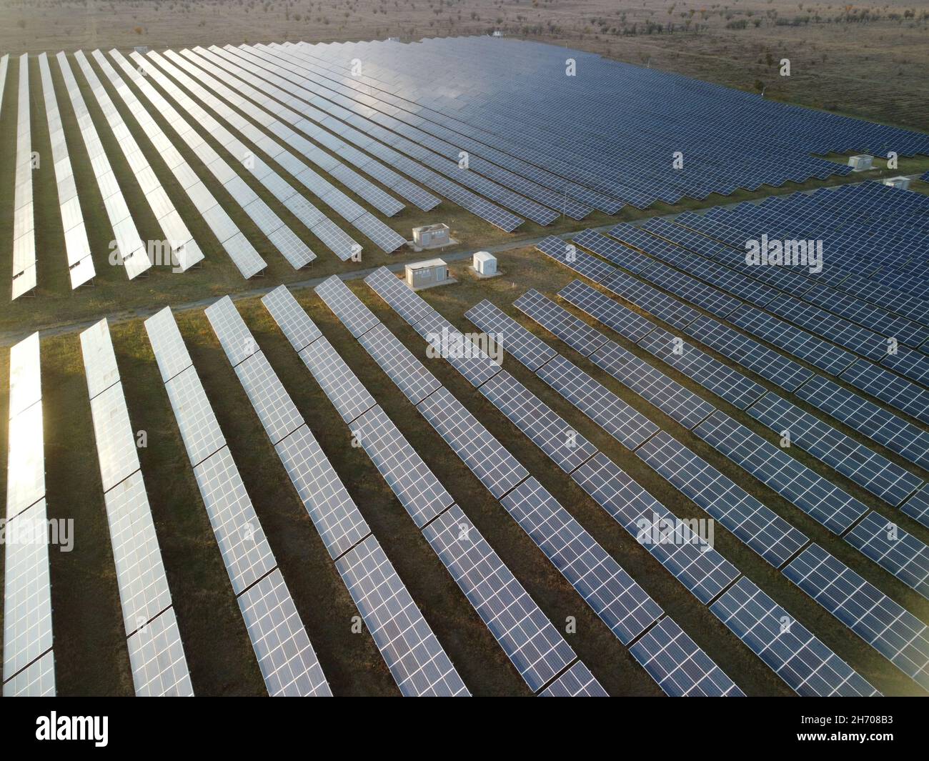 Aerial top view of a solar panels power plant. Photovoltaic solar ...