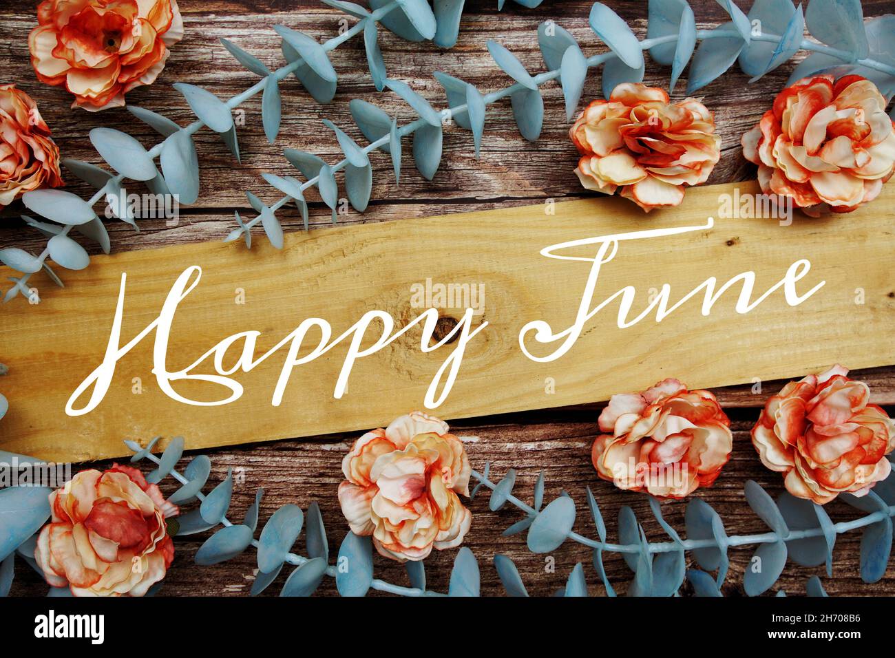 Happy June alphabet letter and flower decorate on wooden background ...