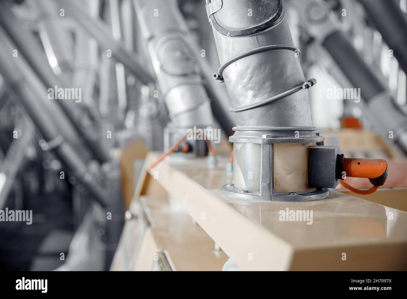 Transport pipes of white wheat flour in modern mill Stock Photo - Alamy