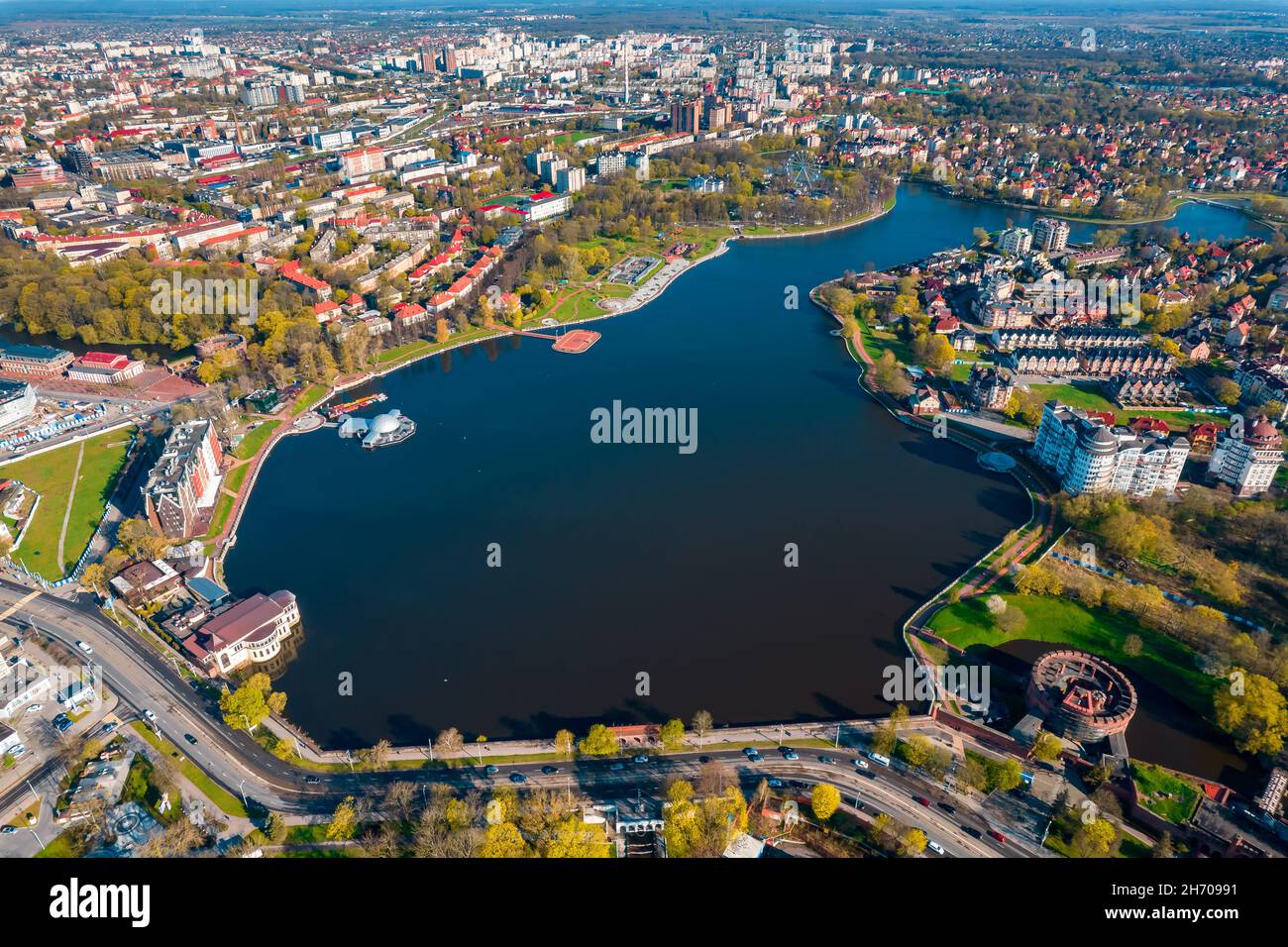 Aerial top view cityscape Kaliningrad Russia upper round lake Stock ...