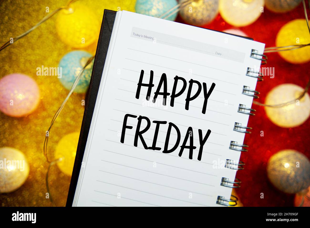 Happy Friday text notepad mockup and LED cotton balls decoration on ...