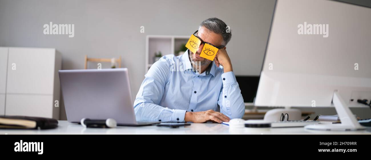 Tired Bored Older Man Sleeping In Office Stock Photo - Alamy