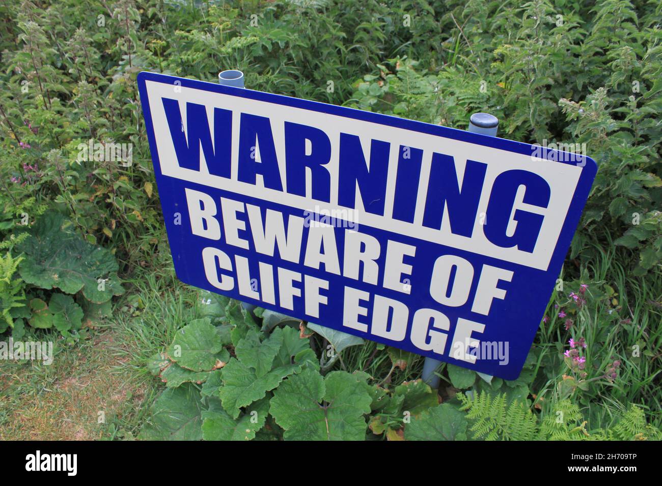 Warning beware of the cliff edge. Ladram Bay. The England south west ...