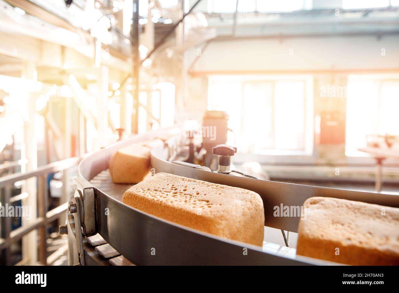 Square fresh bread on conveyor automatic production line bakery after ...