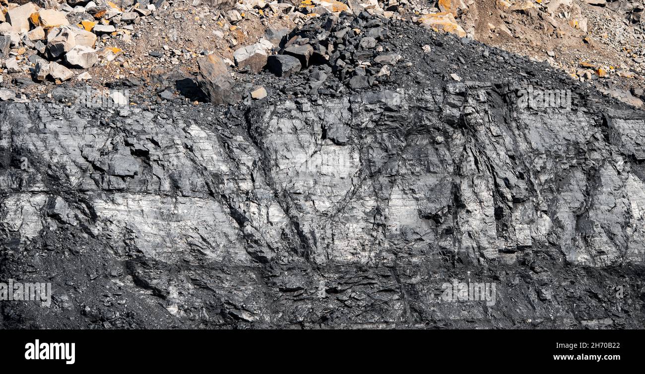 Geological section of soil, layers of coal and rock. Overburden open ...