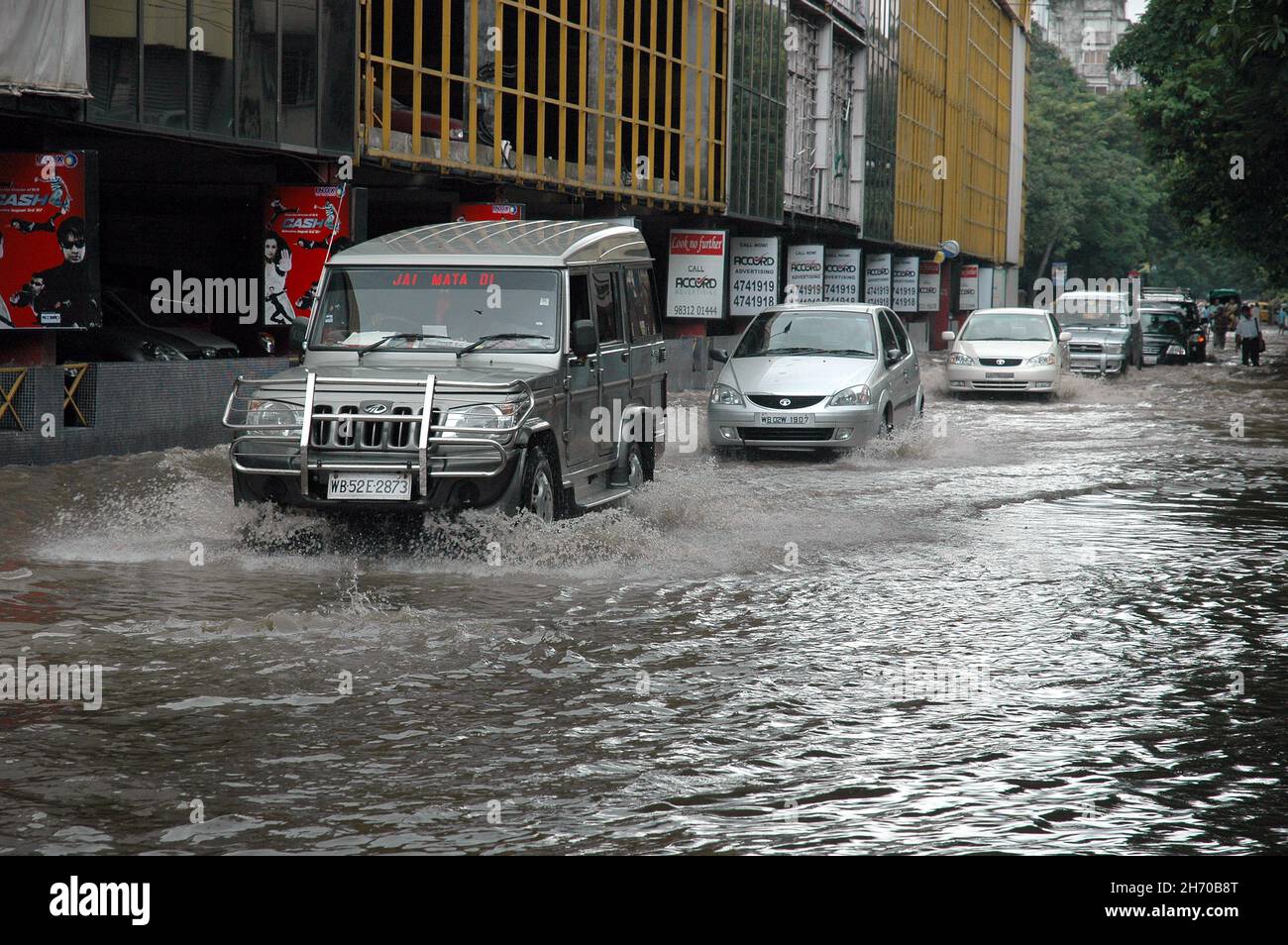 A waterlogged road of Kolkata city during Monsoon. India. August 13 ...