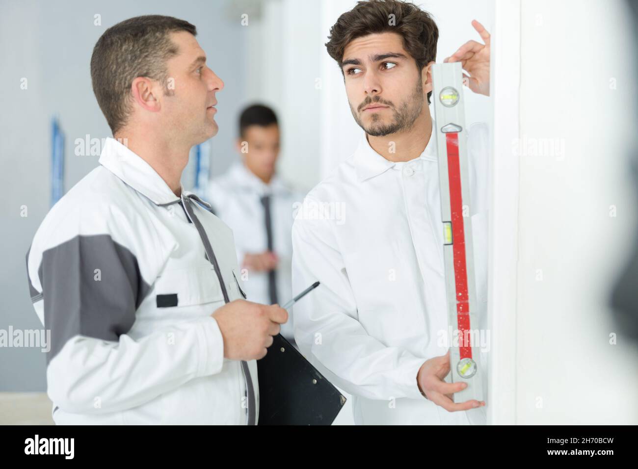 renovation apprentice holding vertical spirit level Stock Photo - Alamy