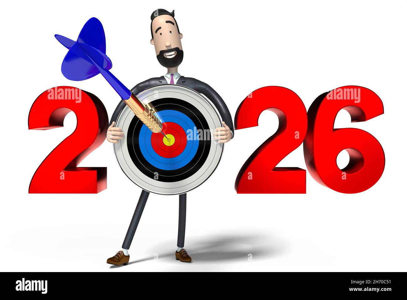 Hipster cartoon businessman holding dartboard - 2026 concept - 3D ...