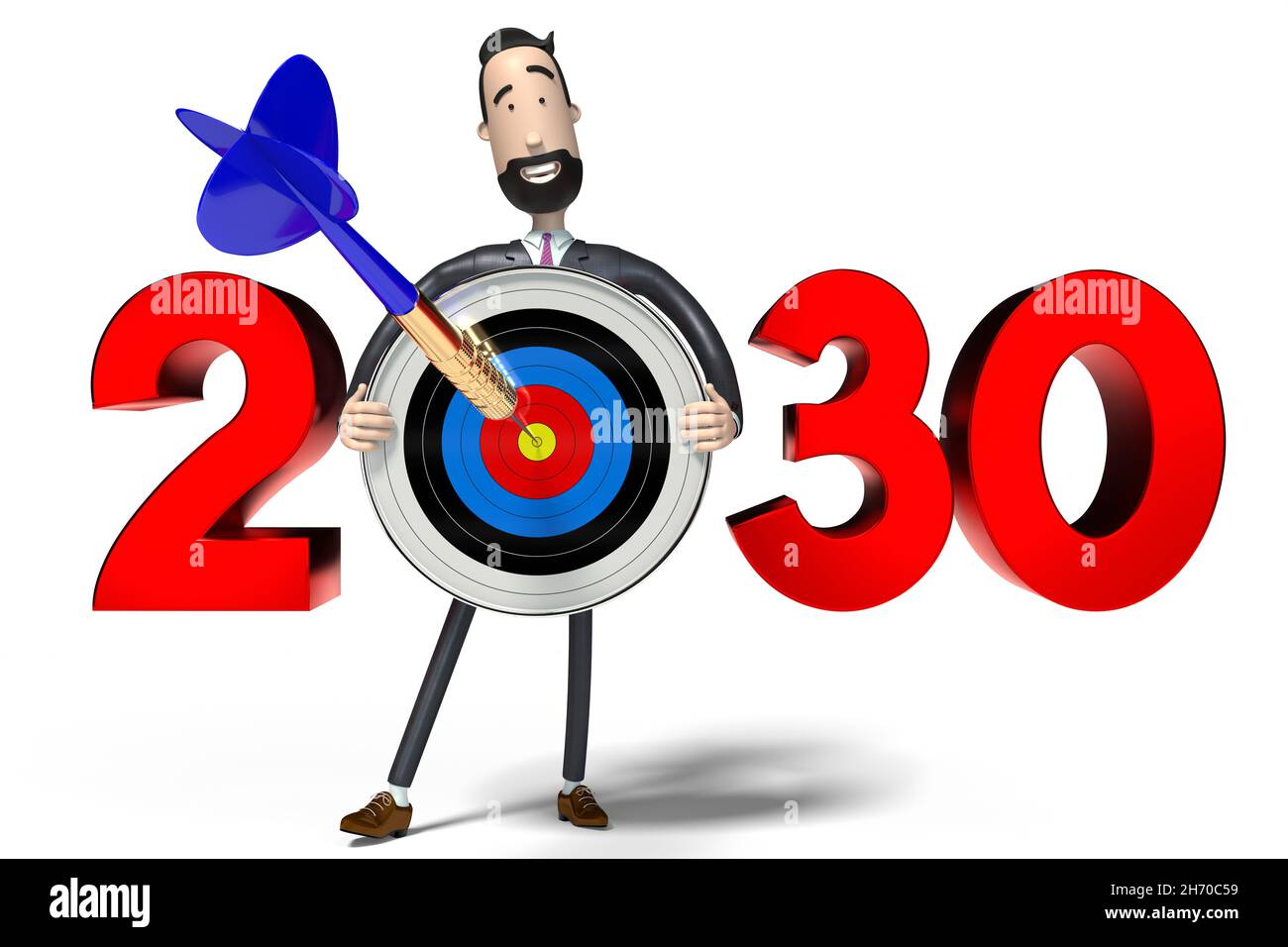 Hipster cartoon businessman holding dartboard - 2030 concept - 3D ...