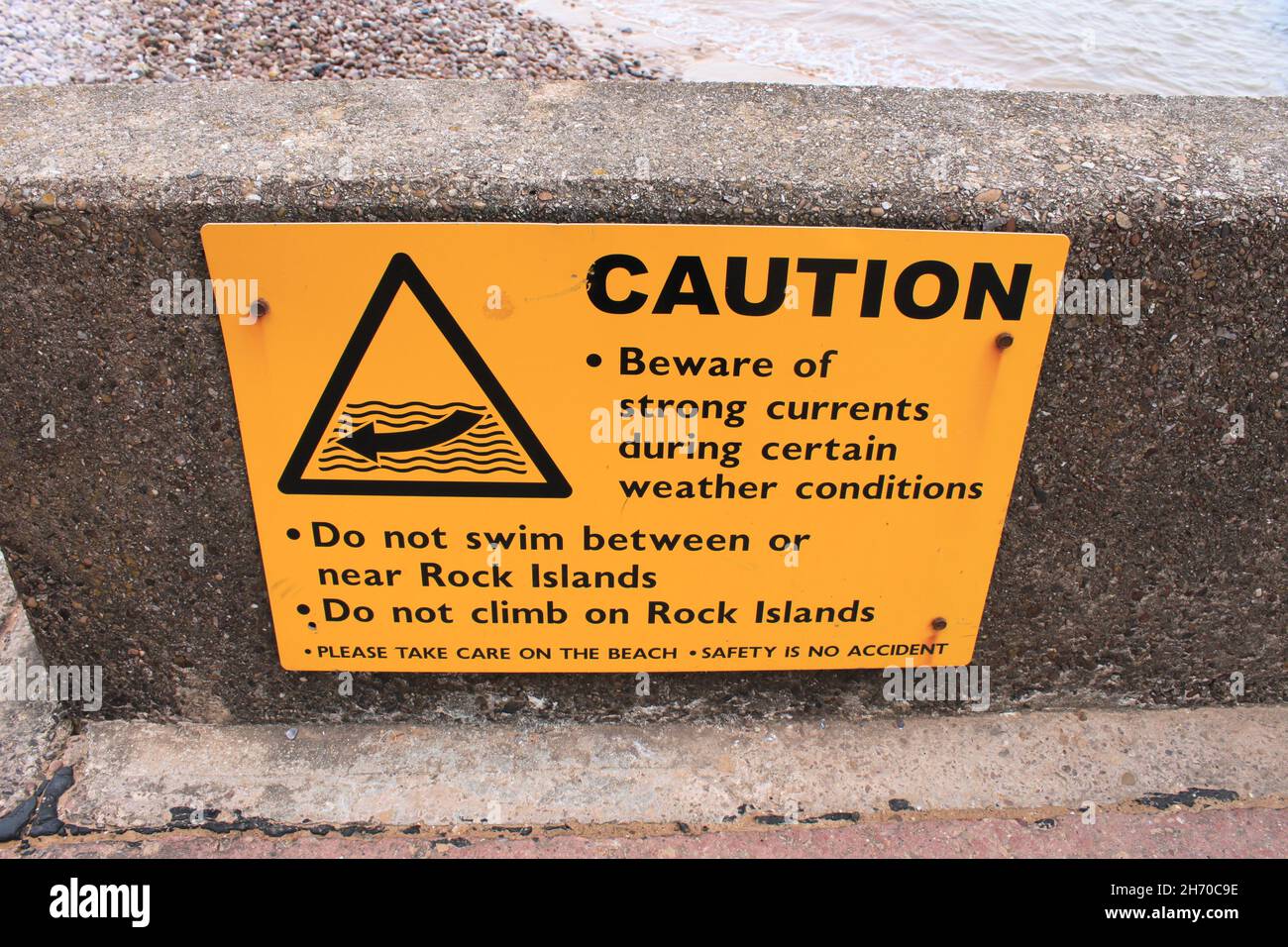 Caution beware of strong currents sign. The England south west coast ...