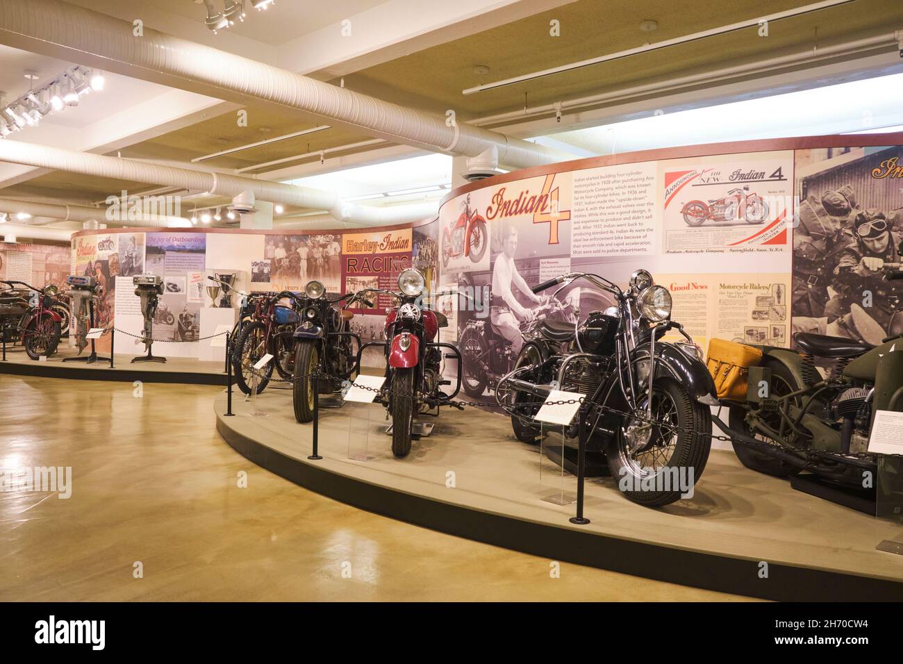 A display of Indian motorcycles, made locally. At the Lyman and Merrie ...