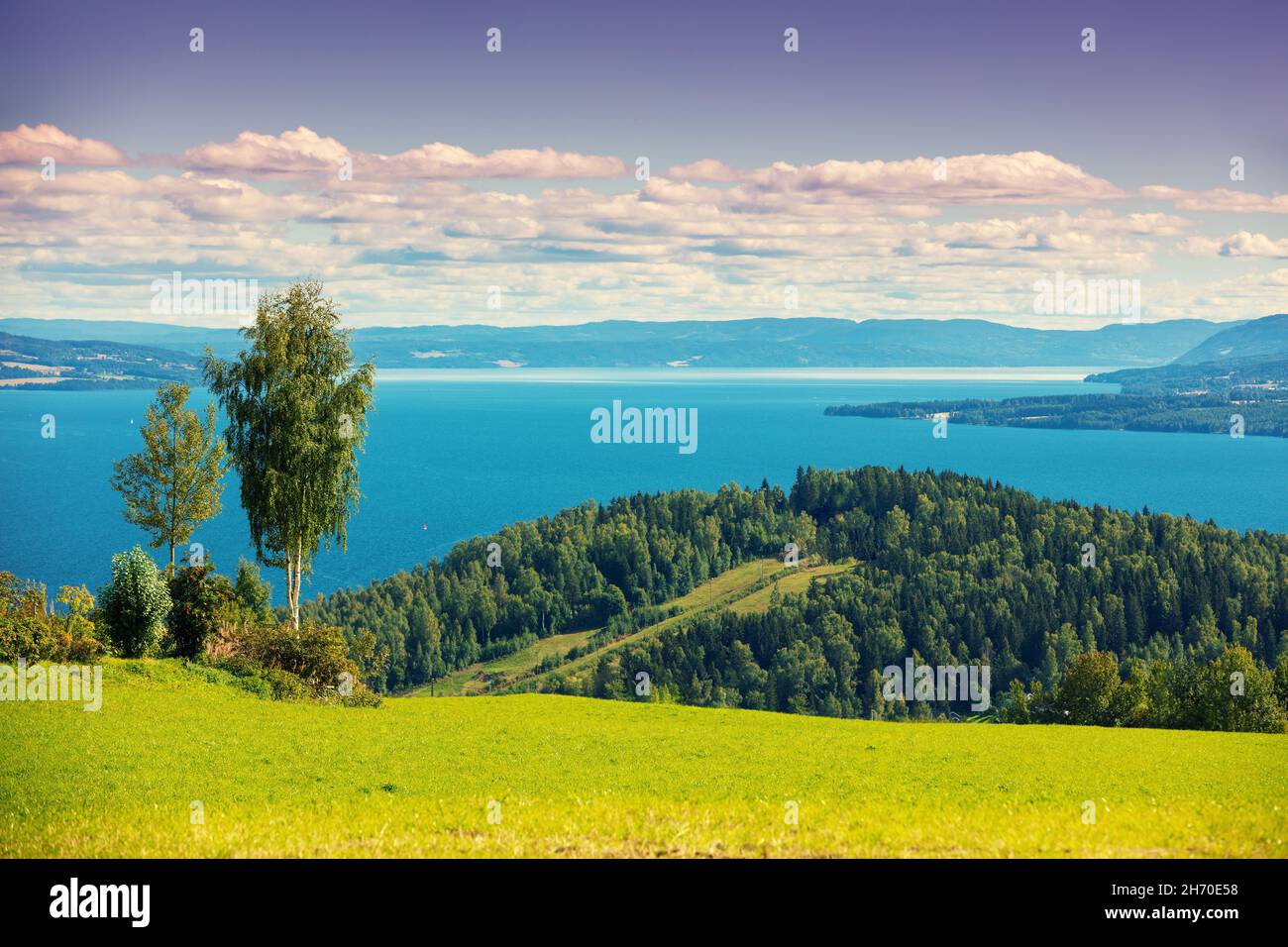 View of a beautiful lake Mjosa in Gjovik city in summer. Norway, Europe ...