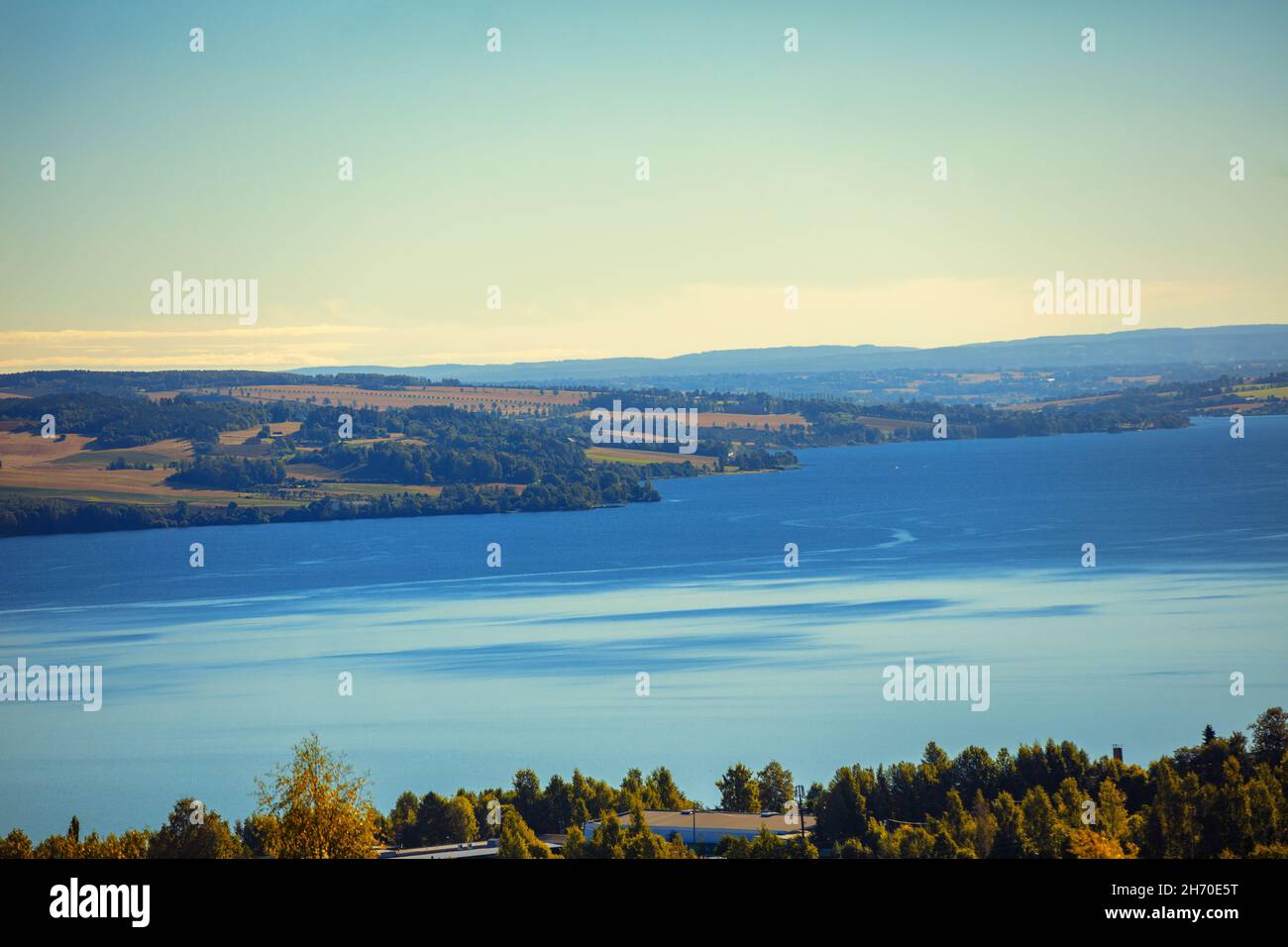 View of a beautiful lake Mjosa in Gjovik city in summer. Norway, Europe ...