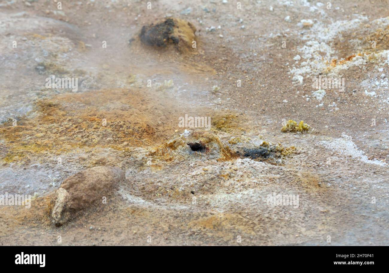 Steaming fumarole in geothermal area of Hverir, Namafjall in northern ...
