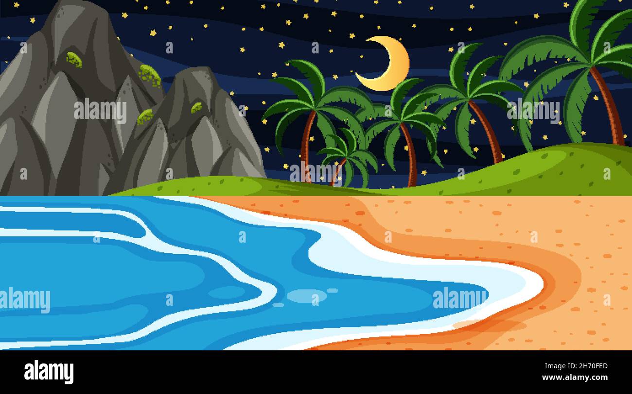 Beach landscape at night scene illustration Stock Vector Image & Art ...
