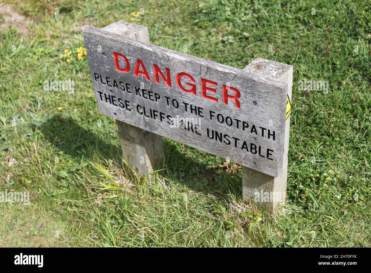 Danger sign. The England south west coast path. Beer. South Devon ...