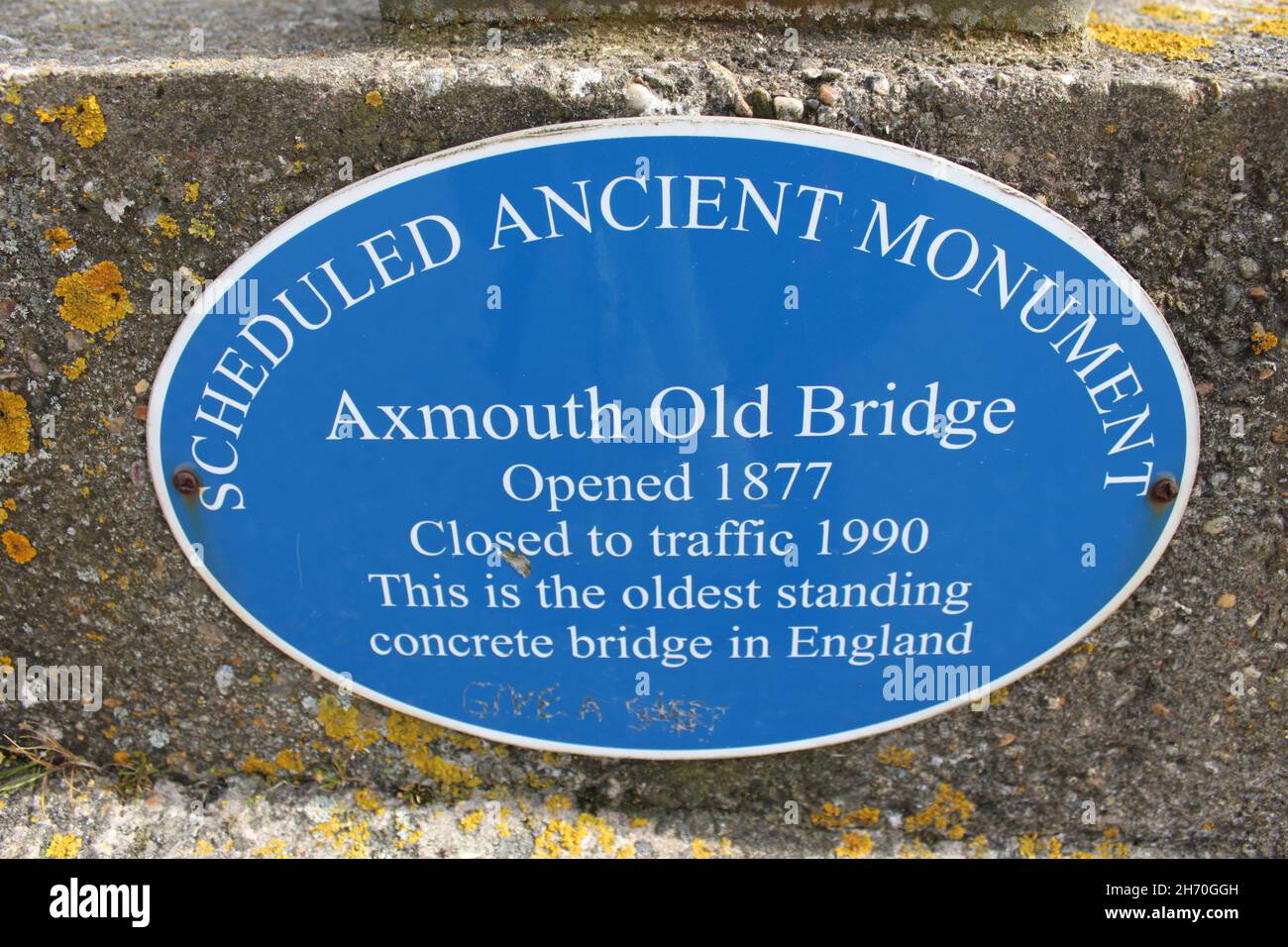 Axemouth old bridge plaque. Oldest concrete bridge in England. The ...