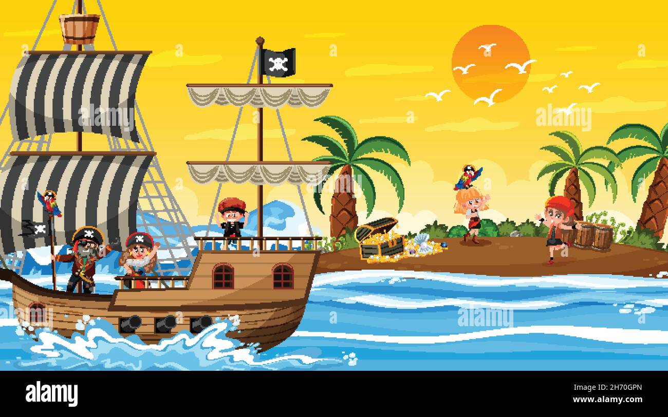 Treasure Island scene at sunset time with Pirate kids illustration ...