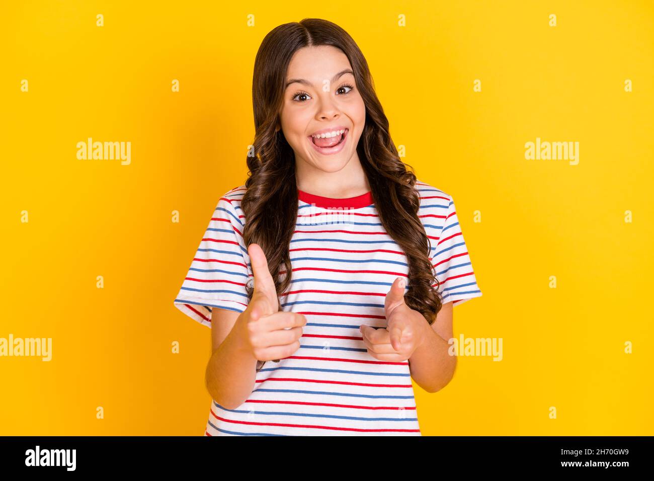 Photo of cheerful young girl happy smile indicate fingers you choice ...