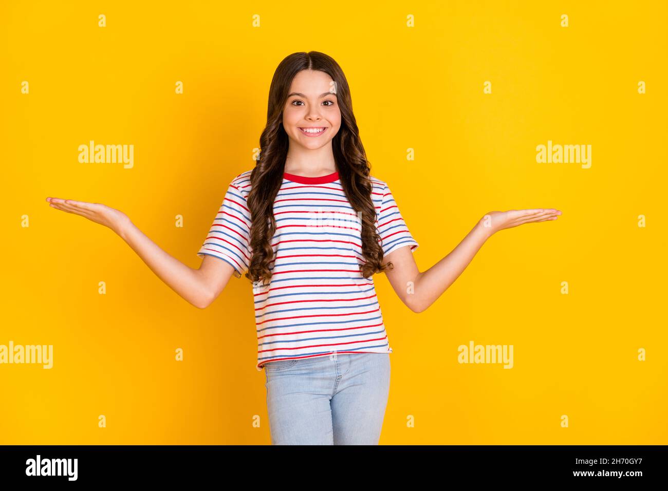 Photo of young girl happy positive smile demonstrate hands product ...