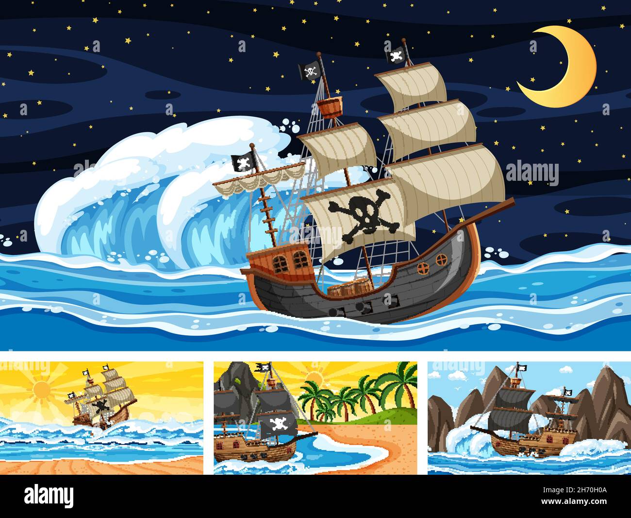 Set of ocean scenes at different times with Pirate ship in cartoon ...