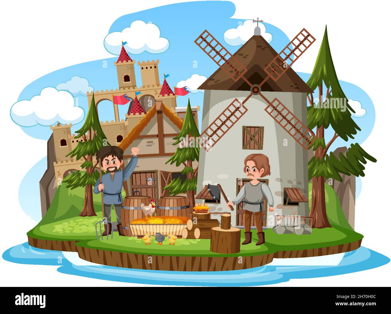 Medieval village with windmill and villagers illustration Stock Vector ...
