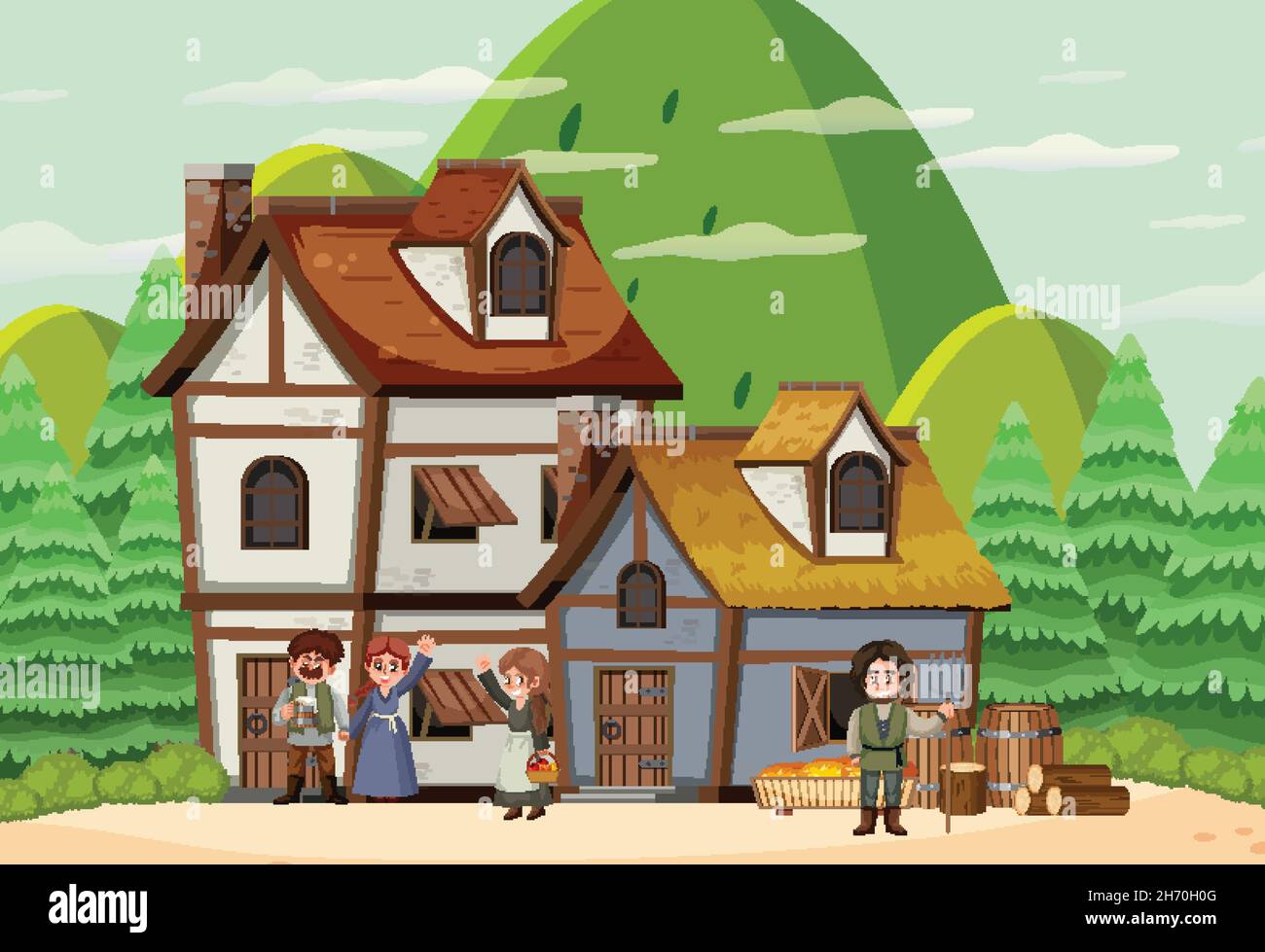 Medieval village scene with villagers illustration Stock Vector Image ...