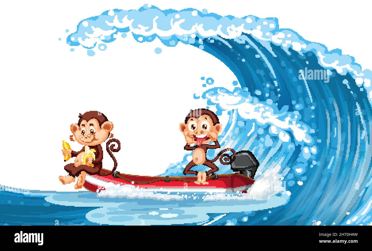Two little monkeys on a boat with ocean wave illustration Stock Vector ...