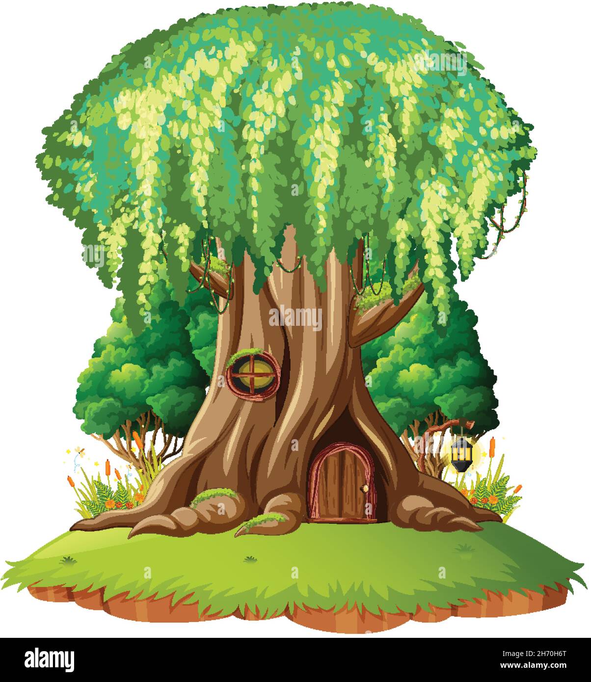 Fantasy tree house inside tree trunk illustration Stock Vector Image ...